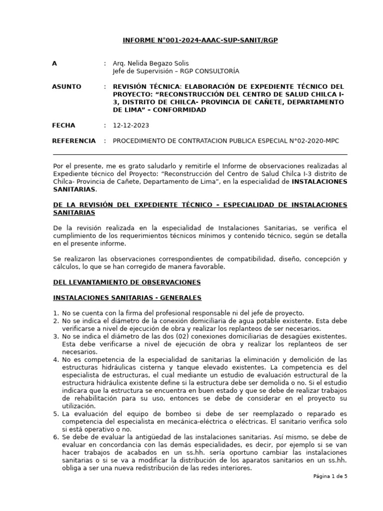 Informe de Observaciones Expediente Técnico Chilca - Sanitarias | PDF