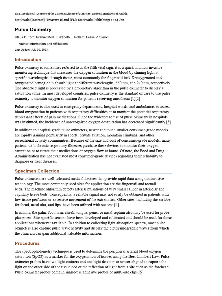 Pulse Oximetry - StatPearls - NCBI Bookshelf | PDF