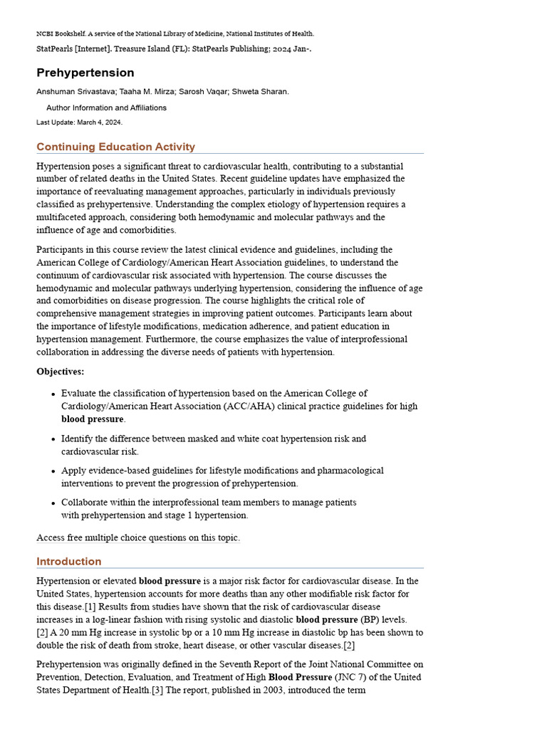 Prehypertension - StatPearls - NCBI Bookshelf | PDF