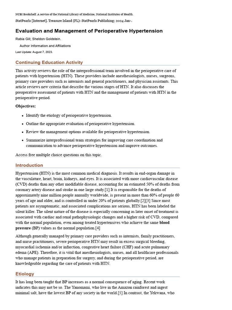 Evaluation and Management of Perioperative Hypertension - StatPearls - NCBI Bookshelf | PDF