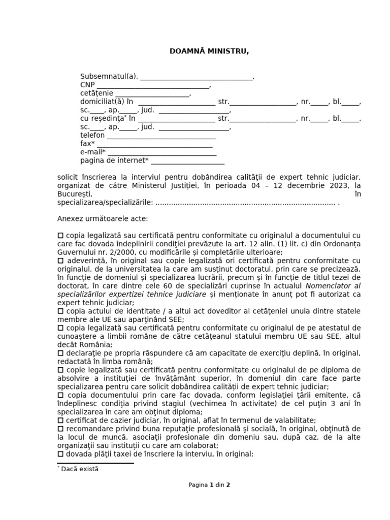 Model Cerere Inscriere Interviu Doctori Decembrie 2023 | PDF