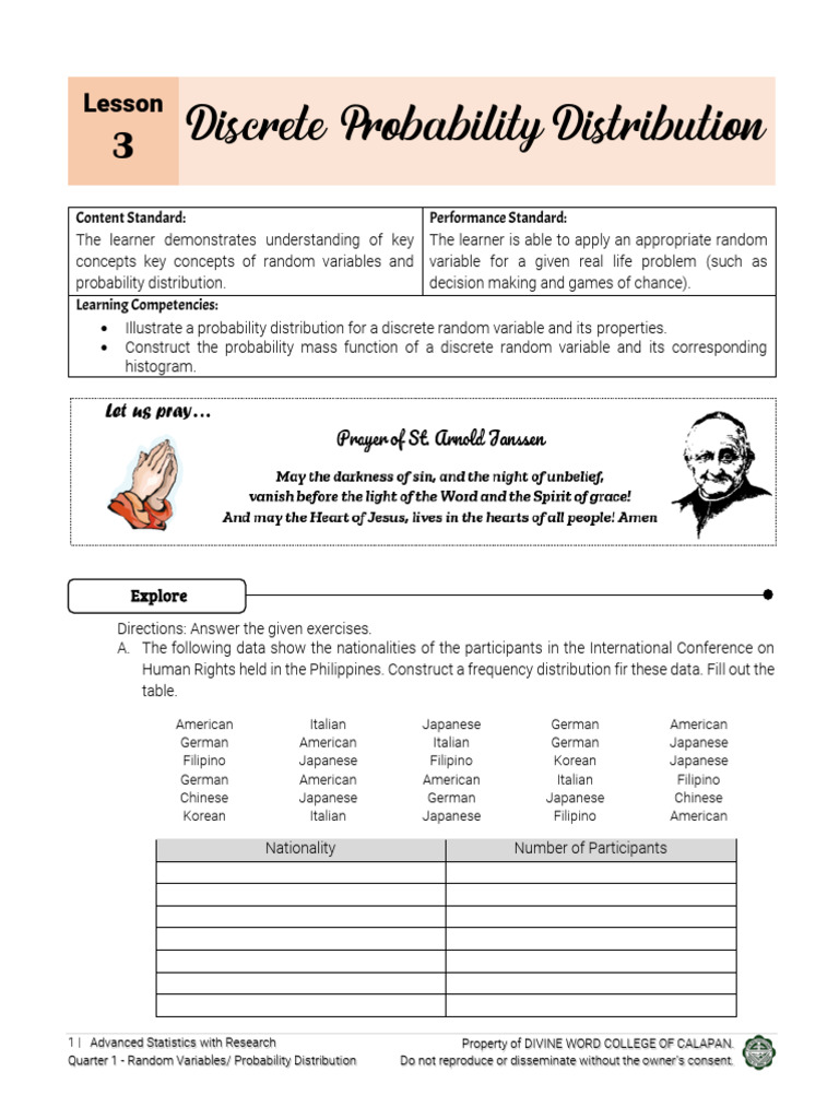 Q1ASR9 - Lesson 3 - Discrete Probability Distribution | PDF | Probability Distribution | Random ...