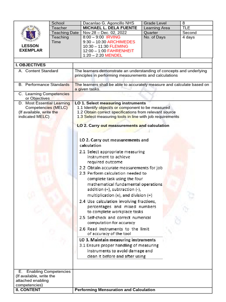 WEEK 4 - EXEMPLAR - Performing Mensuration and Calculation | PDF