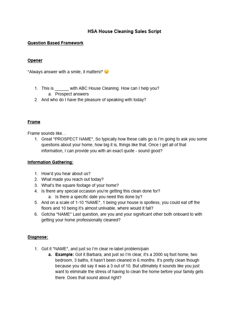 HSA House Cleaning Sales Script | PDF