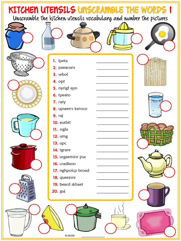 kitchen utensils vocabulary esl unscramble the words worksheets for ...