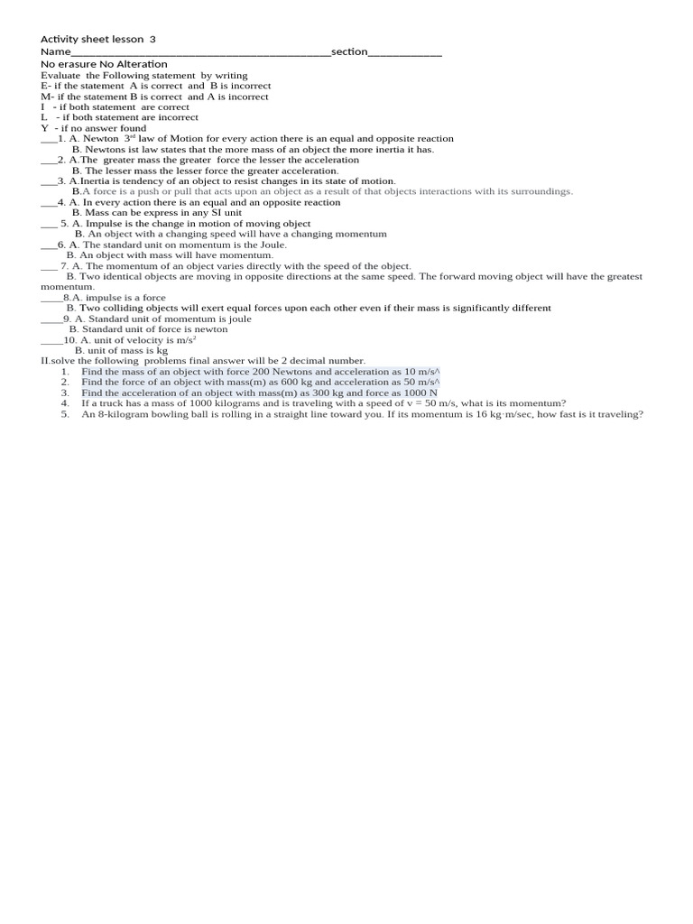 Activity Sheet On Law of Motion and Inertia | PDF
