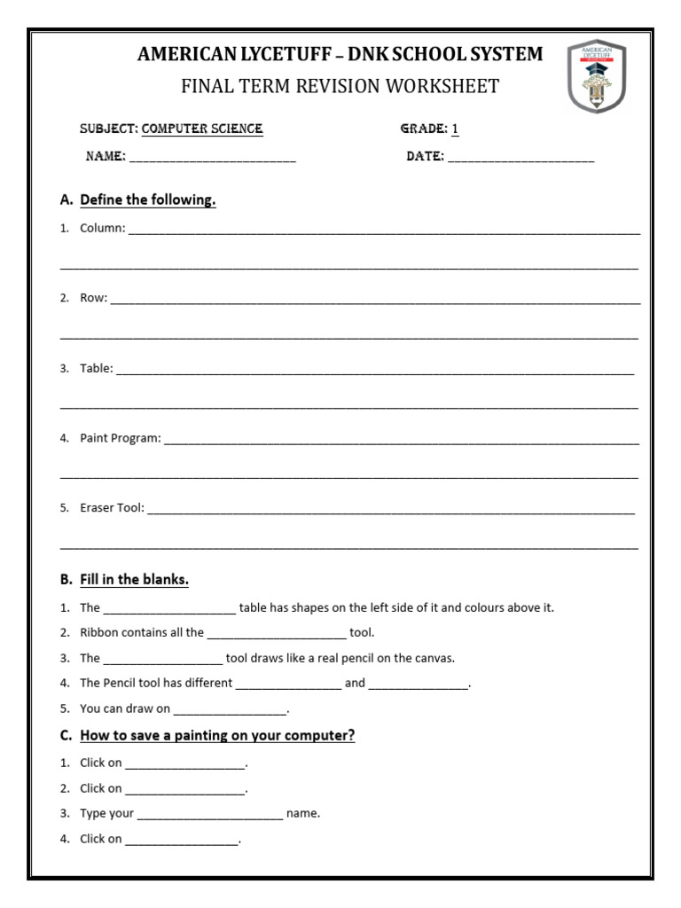 CS - Grade 1 - Revision Worksheet | PDF
