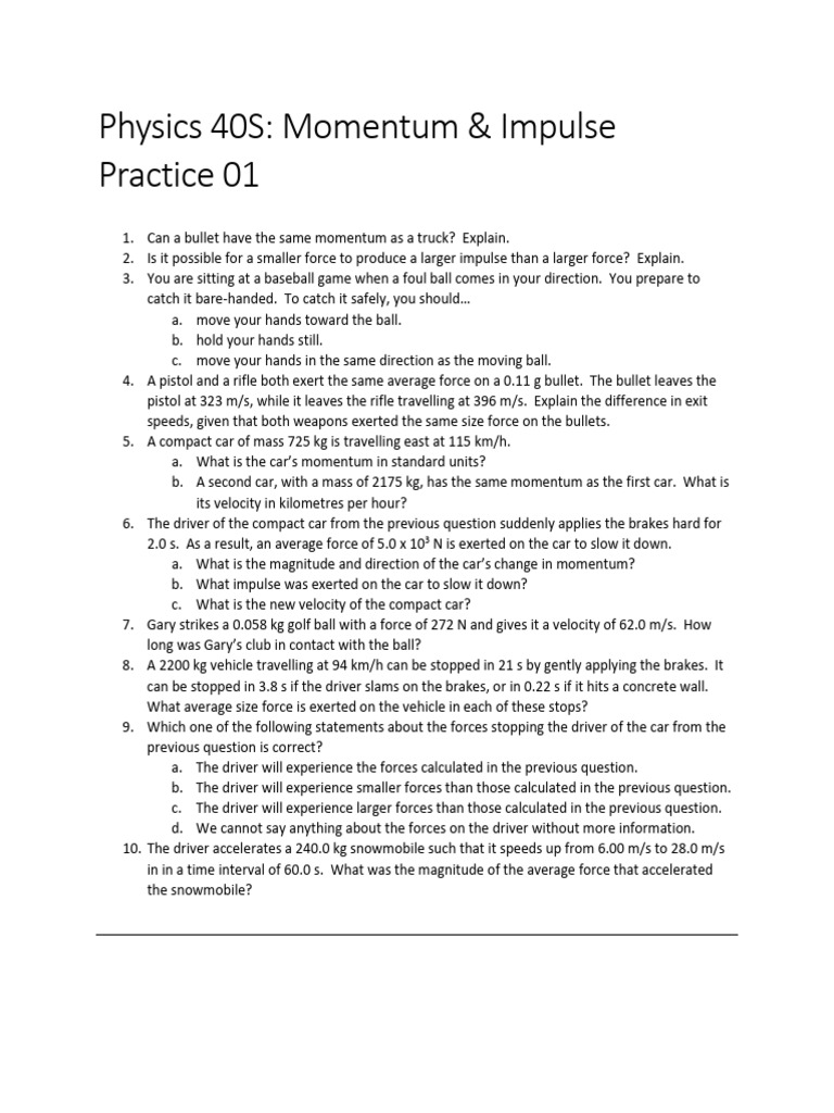 PRACTICE 01 Momentum Impulse With Answers | PDF