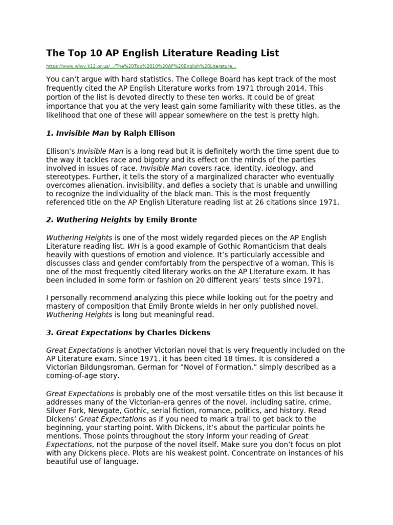 AP Reading List NO EMPHASIS | PDF
