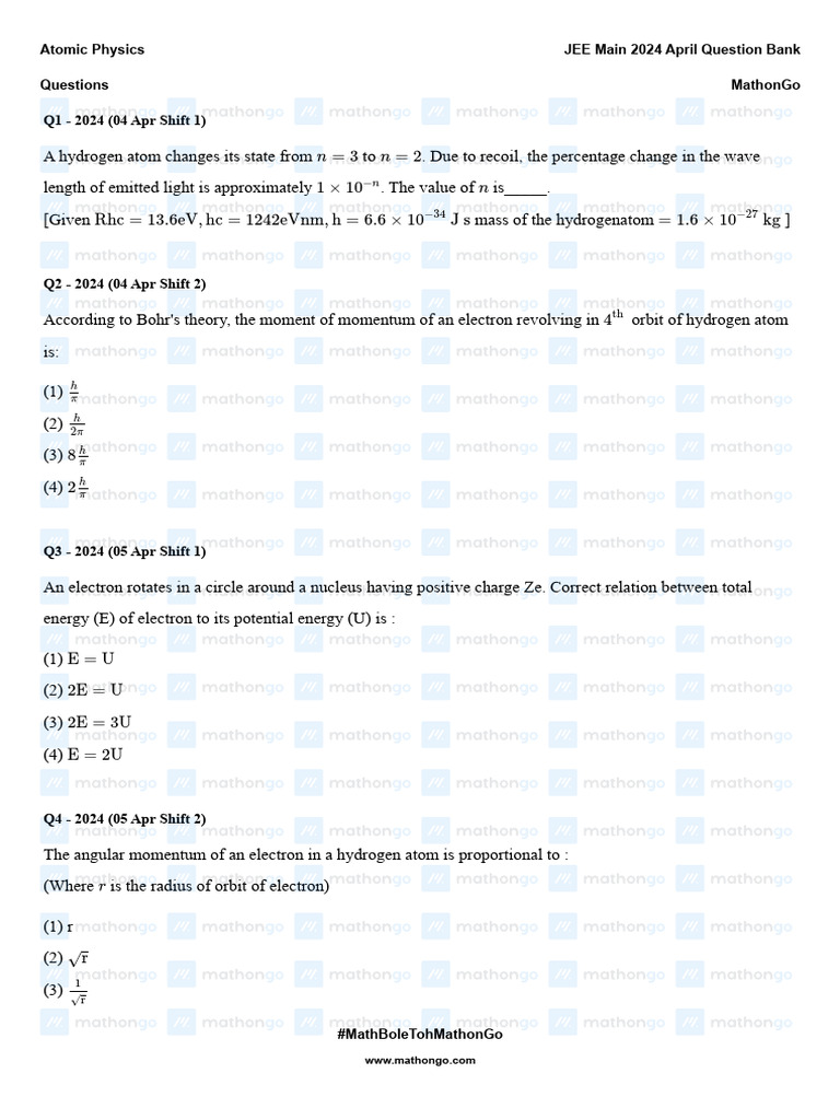 JEE Main 2024: Atomic Physics Questions | PDF | Electron | Quantum ...