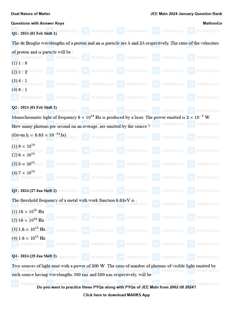 Dual Nature of Matter - JEE Main 2024 January PYQs | PDF | Photoelectric Effect | Atomic Physics
