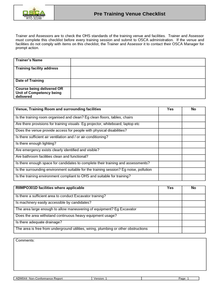 ADM045 Training Venue Checklist v1 | PDF