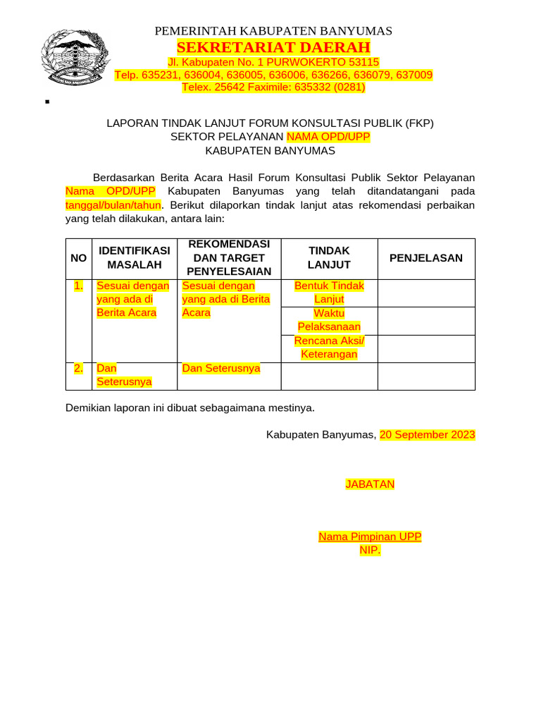 Template Laporan Hasil Tindak Lanjut FKP Periode Sebelumnya | PDF