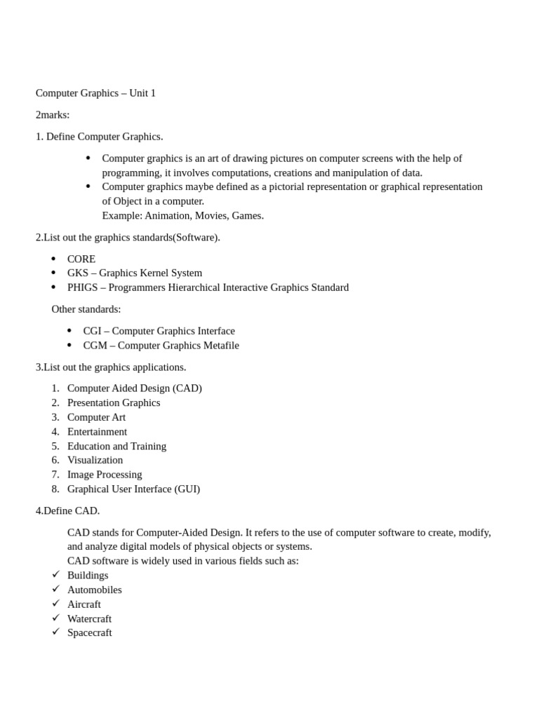 Computer Graphics - Unit1 (2marks) | PDF
