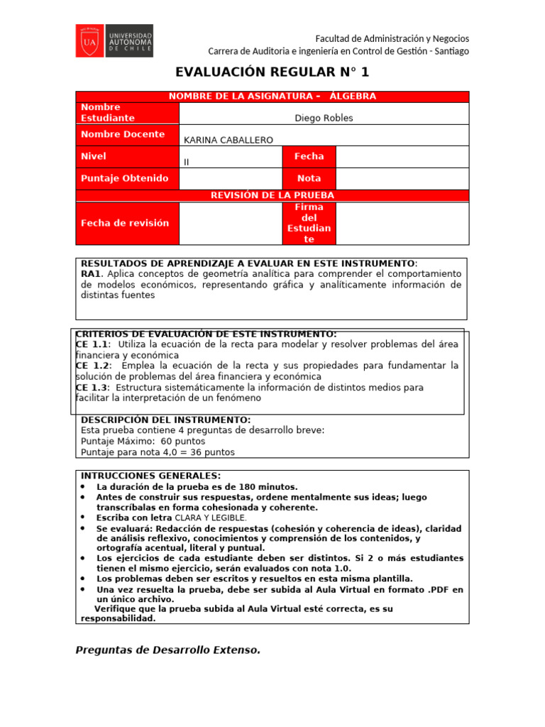 Evaluación Regular 1 Álgebra Auditoría Def D | PDF
