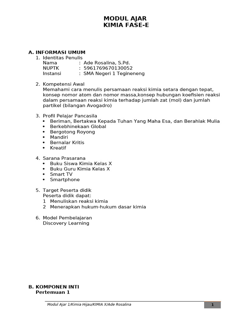 MODUL AJAR HUKUM DASAR KIMIA - Ade | PDF