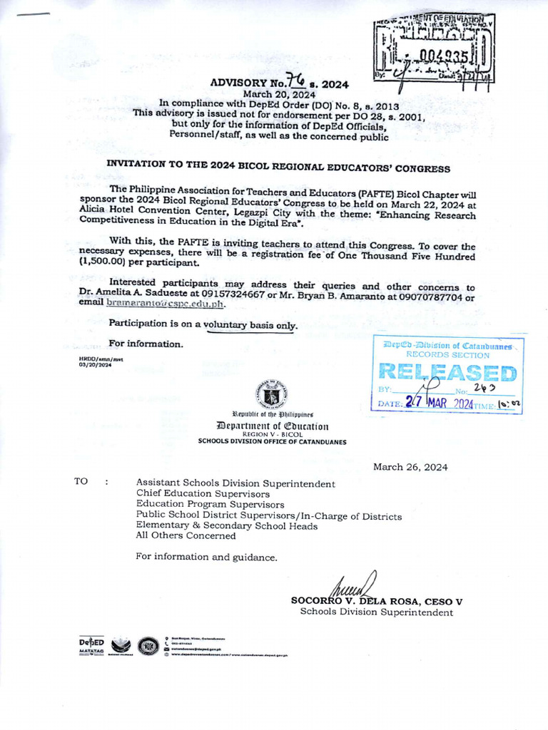 UM 2024 - Invitation To The 2024 Bicol Regional Educators Congress | PDF