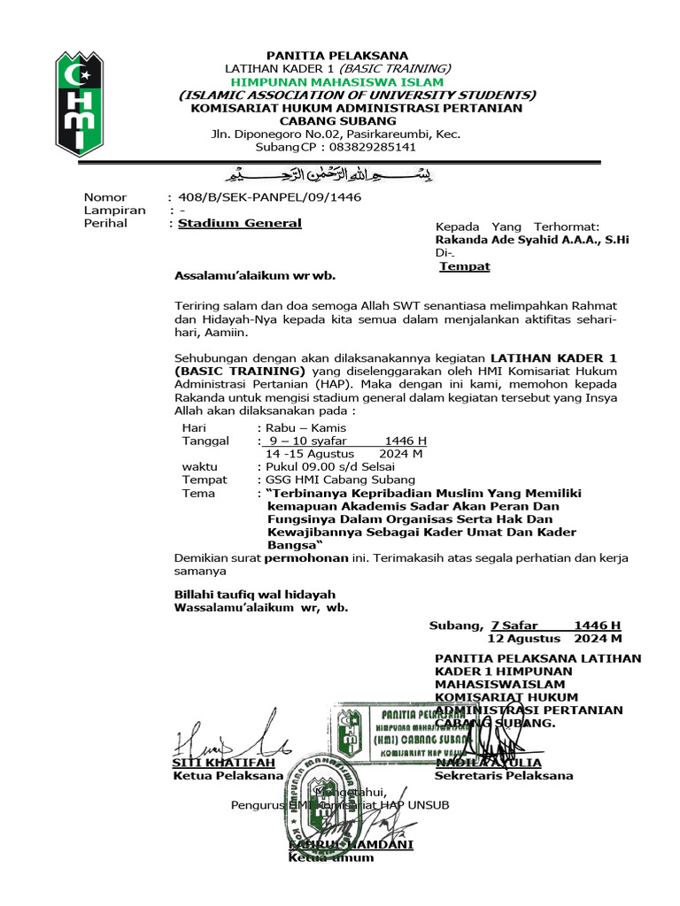 Surat Permohonan Stadium General Rakanda Ade Syahid | PDF