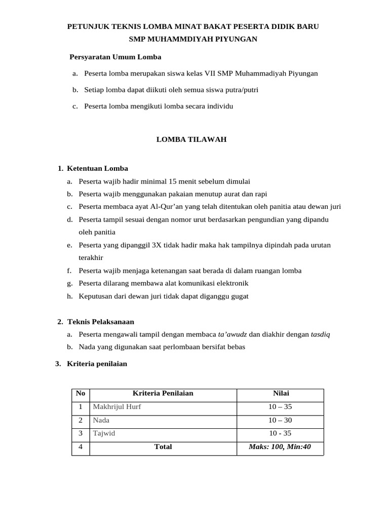 DRAF JUKNIS LOMBA ISLAMI (Temporary) | PDF