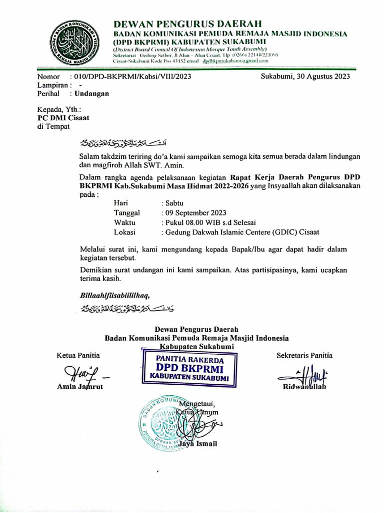 Undangan Rakerda - PC Dmi | PDF