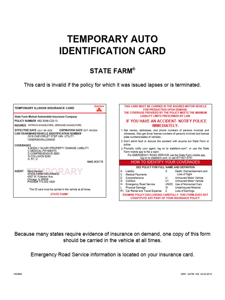 2018 Chevy Step Van Temporary Insurance Card PDF | PDF