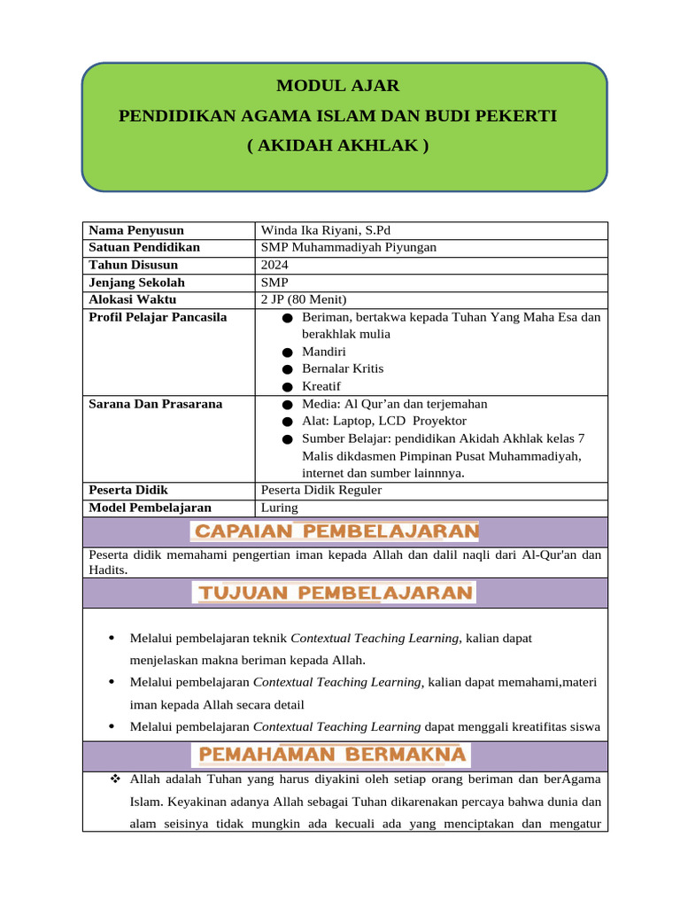 Modul Ajar Akidah Akhlak 7 SMT 1 | PDF