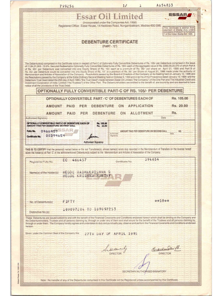 6.3 Essar Oil LTD 50 Debenture Certificates No 394654 01-Mar-2024 | PDF