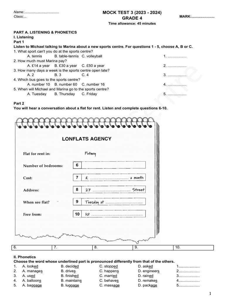 Mock Test 3 (2023 - 2024) - Grade 4 (Homework) | PDF