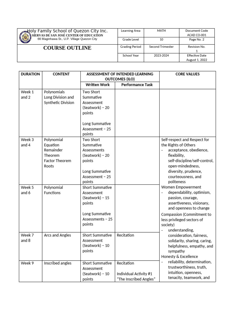 Course Outline - Math 10 (Second Semester) | PDF