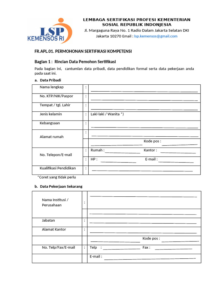06 FR APL 01 Permohonan Sertifikasi JF Peksos Keterampilan LSP Kemensos ...