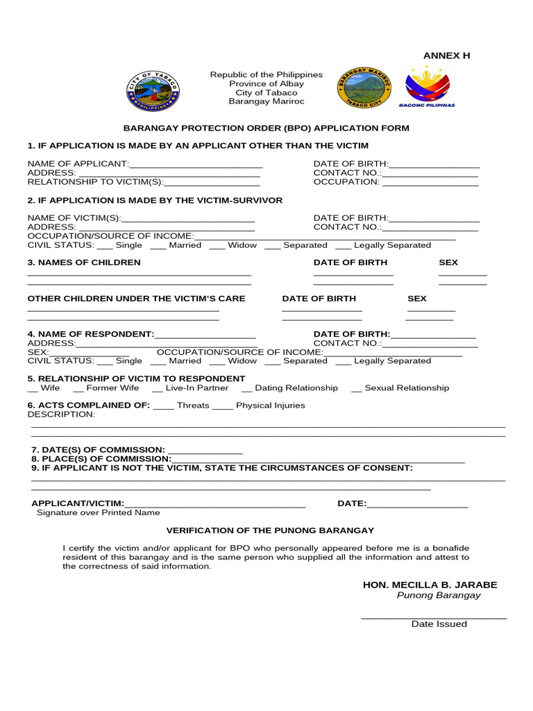 ANNEX H - Barangay Protection Order Application Form | PDF