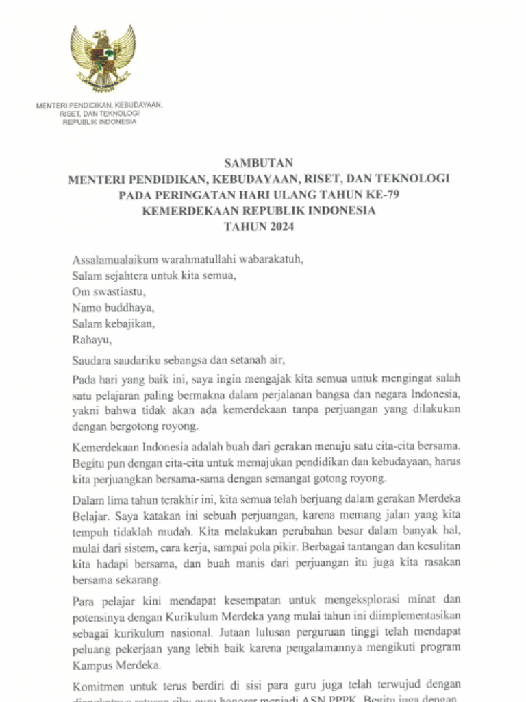 Sambutan Upacara 17 Agustus 2024 | PDF