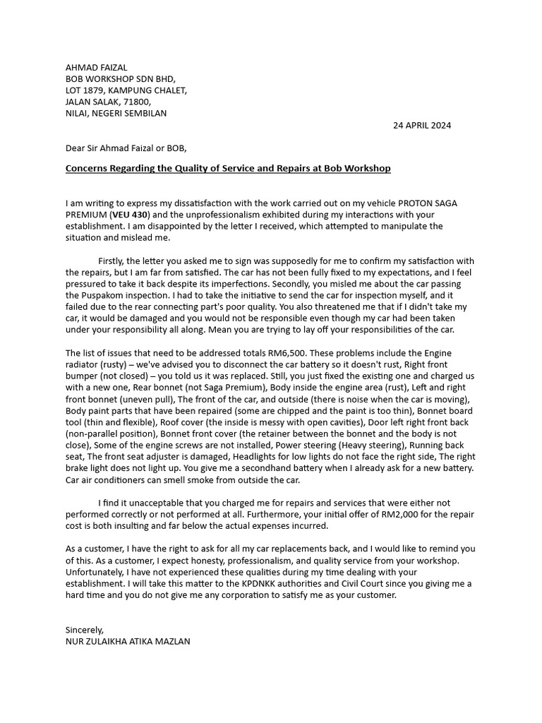 Letter For Workshop Complaint Sample | PDF