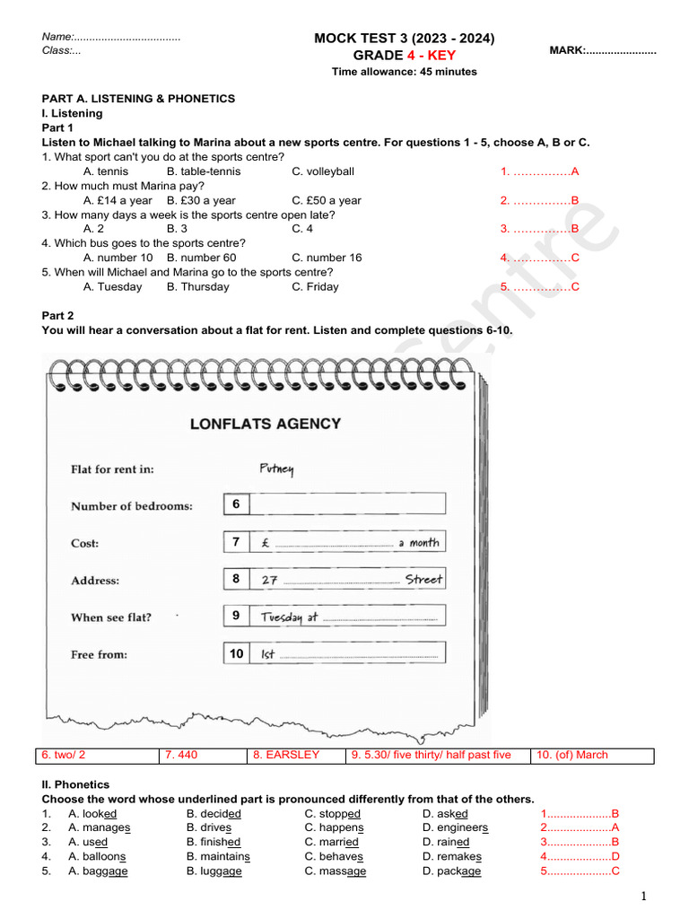 Mock Test 3 (2023 - 2024) - Grade 4 (Homework) - Key | PDF
