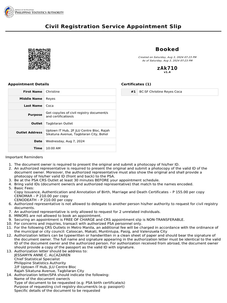 Civil Registration Service Appointment Slip | PDF