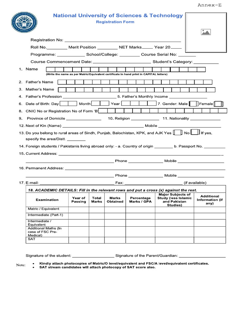 NUST Registration Form | PDF