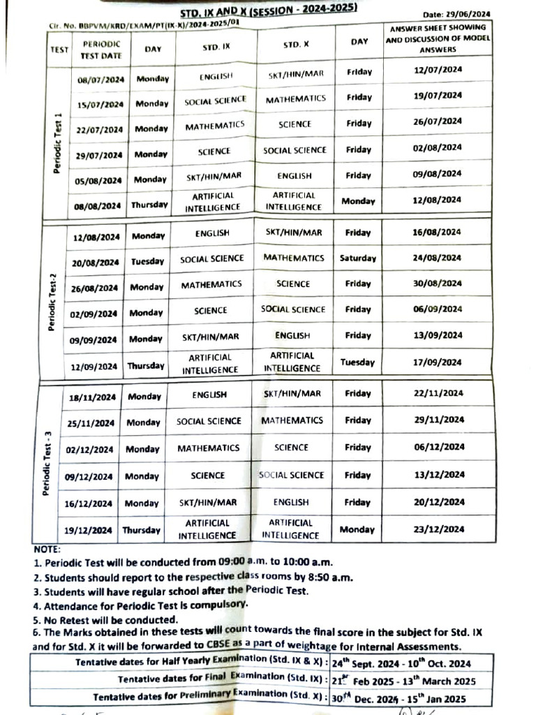 Class 9 Exam Schedule | PDF