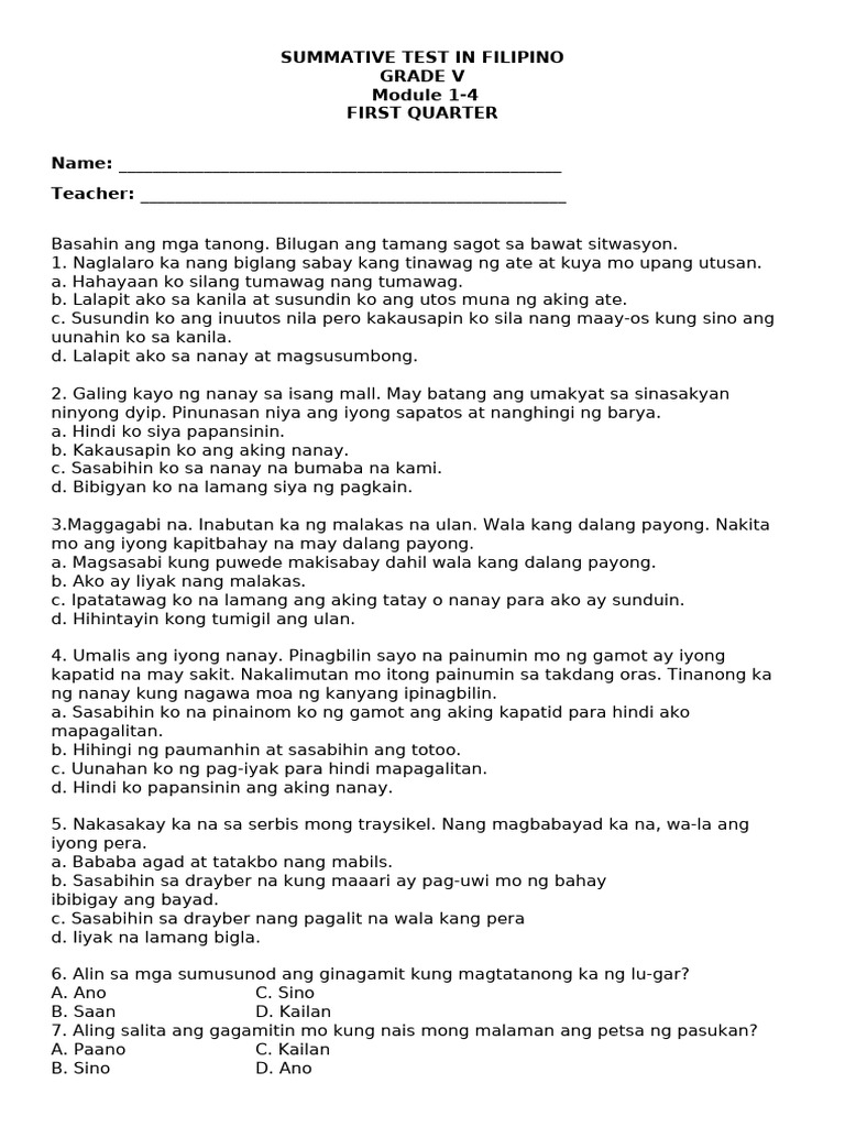 Summative Test in Filipino Teachers Craft | PDF