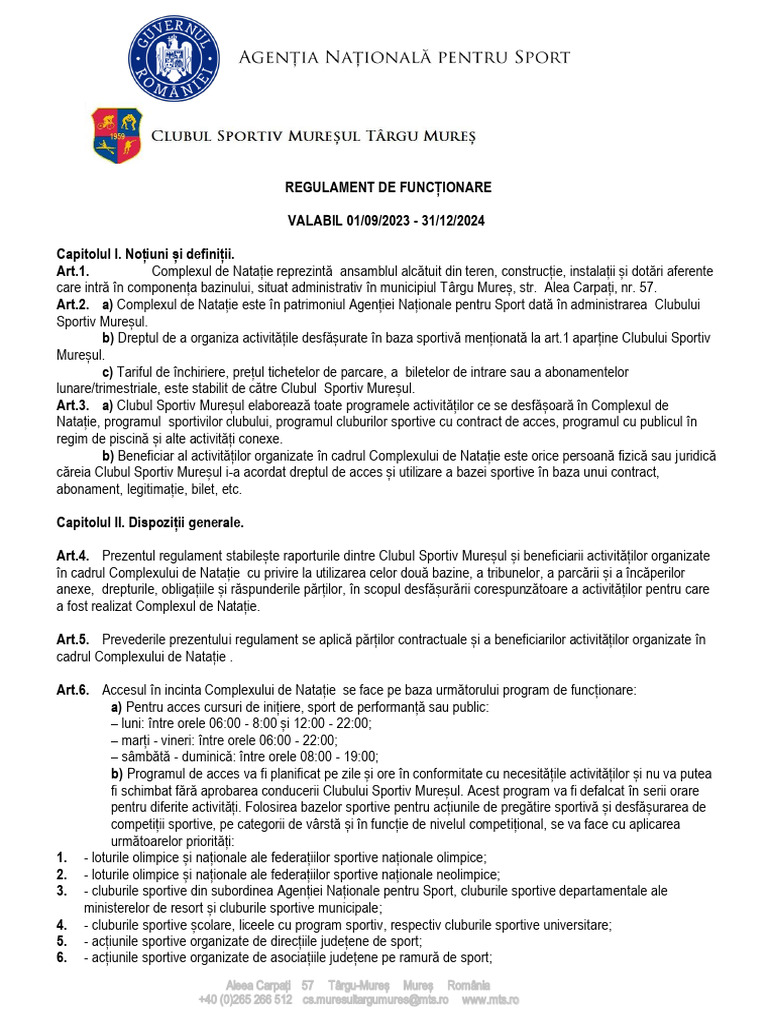 Regulament de Functionare Complex de Natatie 2024 2025 | PDF