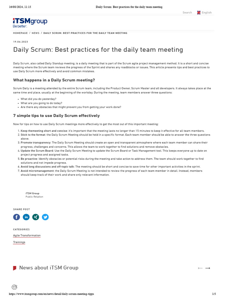 Daily Scrum - Best Practices For The Daily Team Meeting | PDF