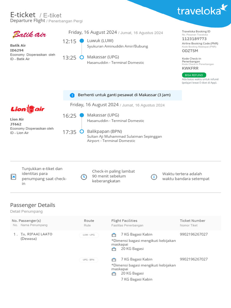 E-Ticket Traveloka | PDF