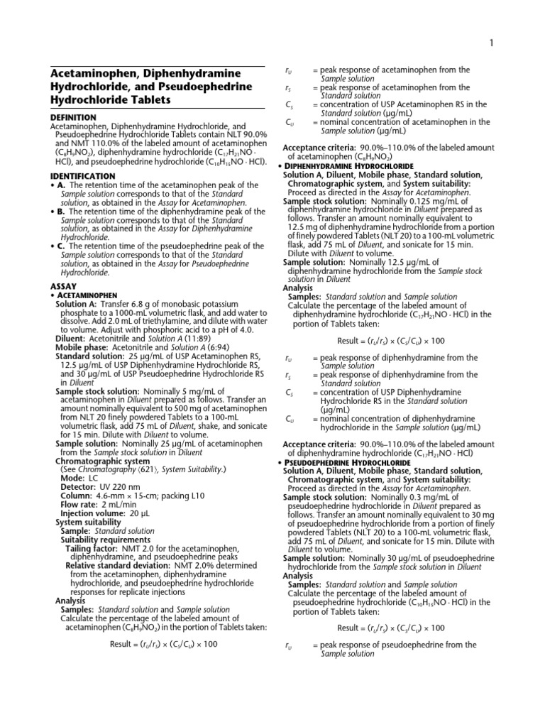Acetaminophen, Diphenhydramine Hydrochloride, and Pseudoephedrine Hydrochloride Tablets | PDF ...