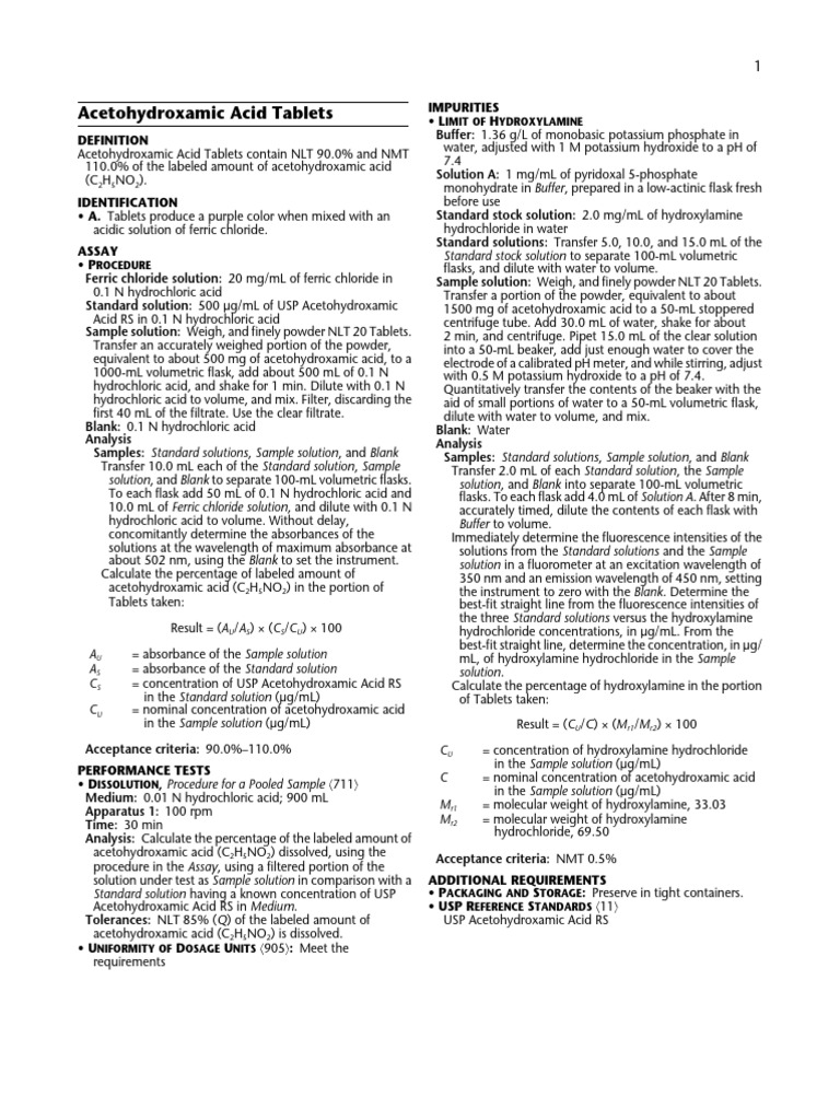 Acetohydroxamic Acid Tablets | PDF