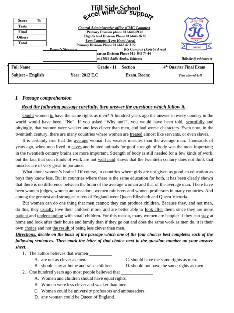 English: I. Passage Comprehension Read The Following Passage Carefully ...