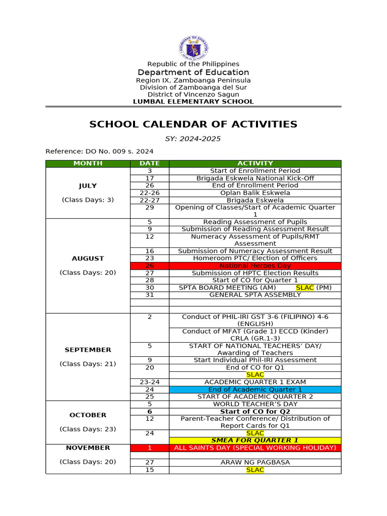 School Calendar Sy2024 2025 | PDF