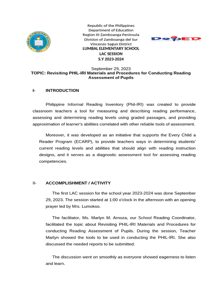 LES NARRATIVE REPORT on LAC SESSIONS 2023-2024 | PDF