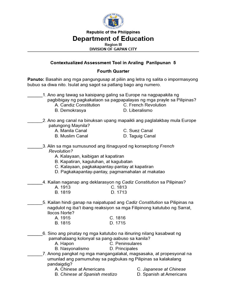 Final Eval CONTEXTUALIZED ASSESSMENT TOOL IN ARPAN 5 4TH QUARTER1 | PDF