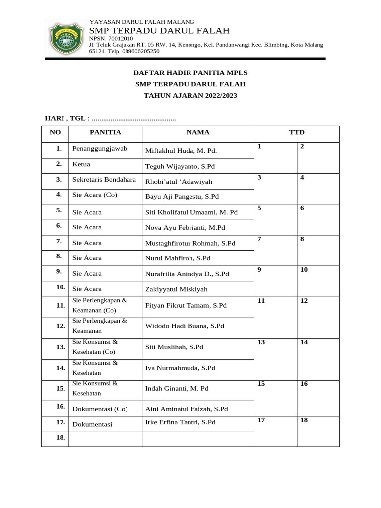 Daftar Hadir Panitia | PDF