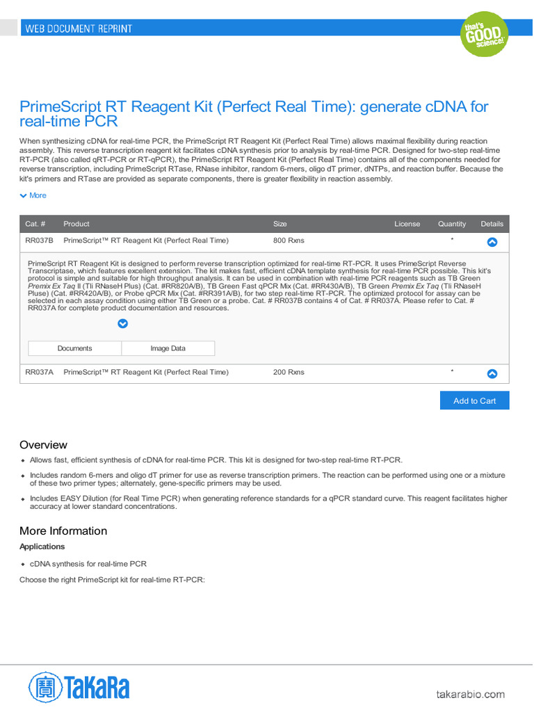 PrimeScript RT Reagent Kit Perfect Real Time Generate cDNA For Real-Time PCR | PDF