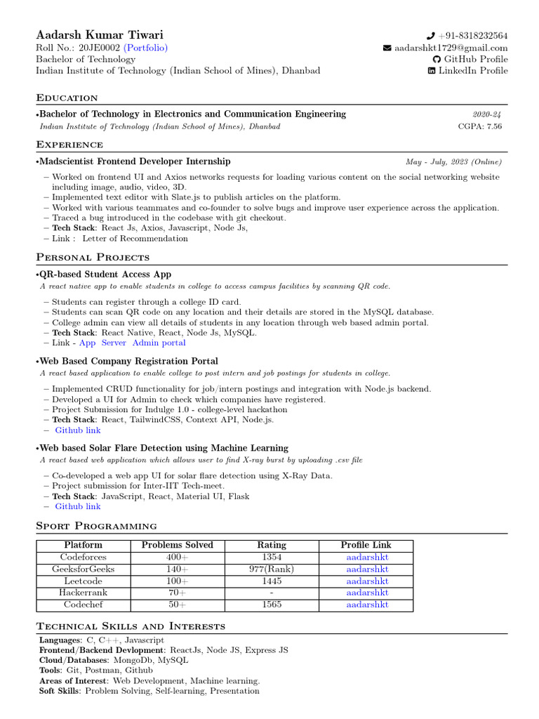 Aadarsh Kumar Tiwari Overleaf Resume | PDF
